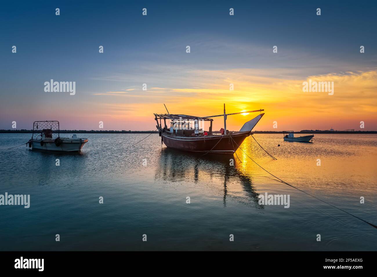 Boats on Dammam sea side with sunrise background view. Dammam, Saudi ...