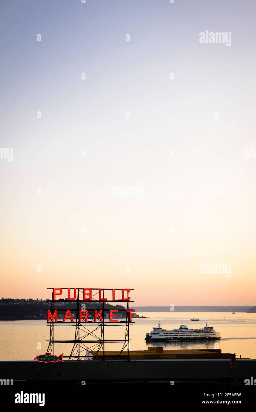 Hilltop View of Pike Place Market with Ferry In Background in Seattle ...