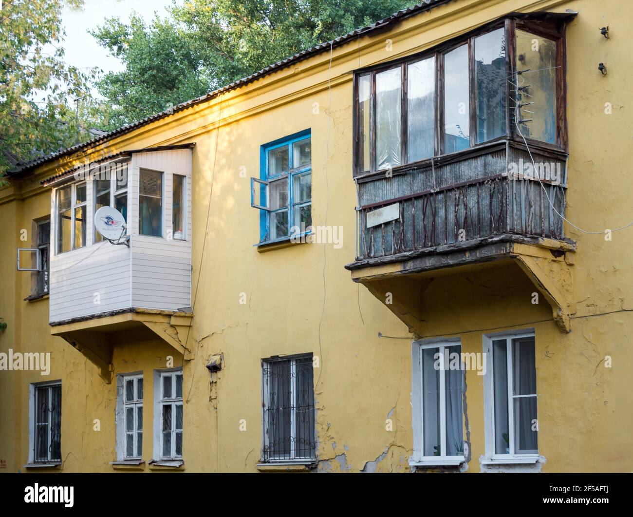 Balconies of an old two story building with self-glazing, Voronezh ...