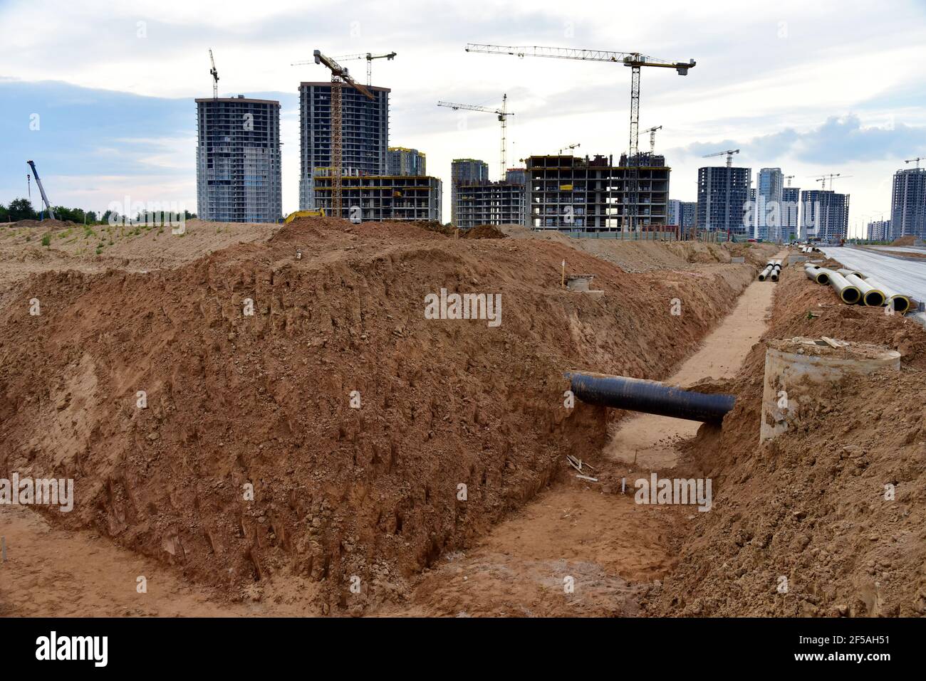 Trench for laying sewer pipes an external sewage system at a ...