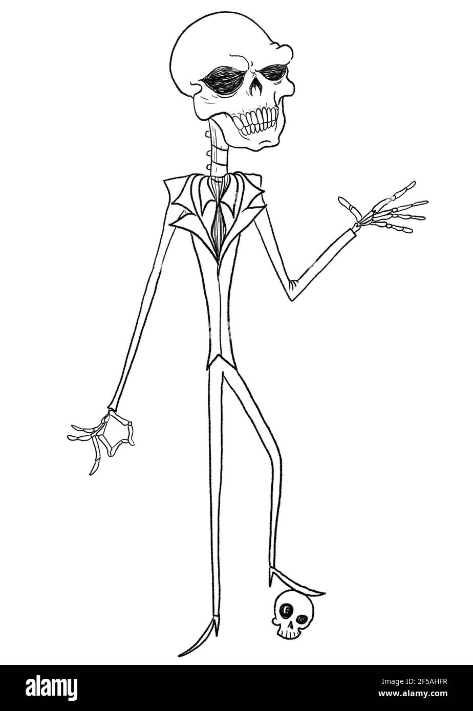 skeleton mascot character gesturing and standing on a skull hand drawn ...