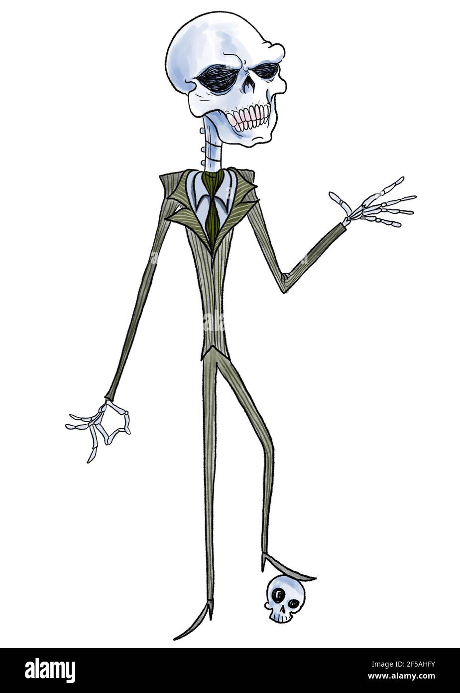 skeleton mascot character gesturing and standing on a skull hand drawn ...