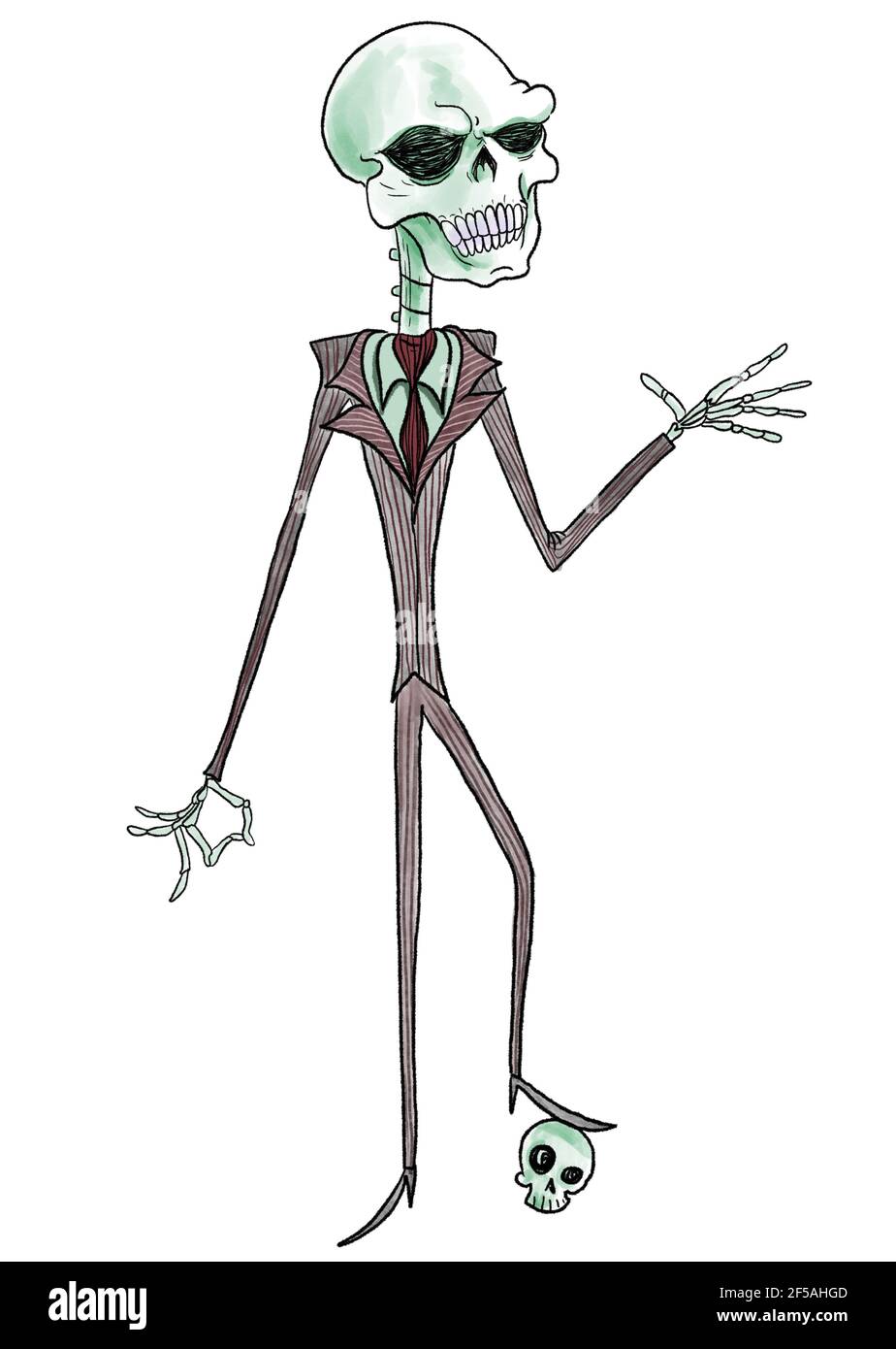 skeleton mascot character gesturing and standing on a skull hand drawn ...