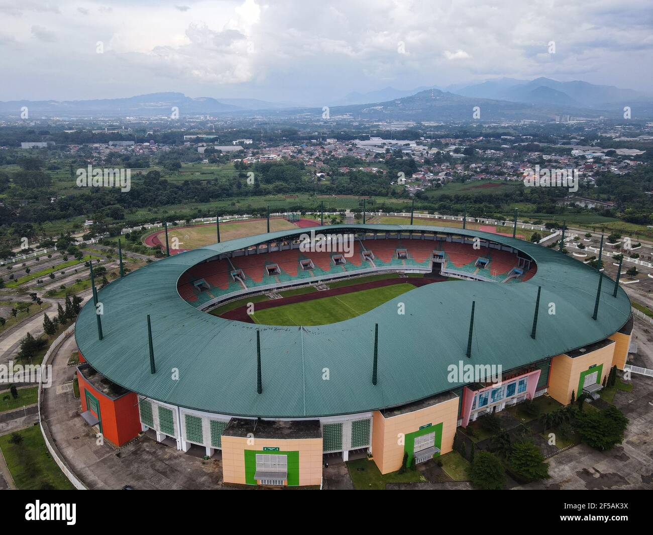 Aerial view of The largest stadium of Pakansari Stadium from drone ...