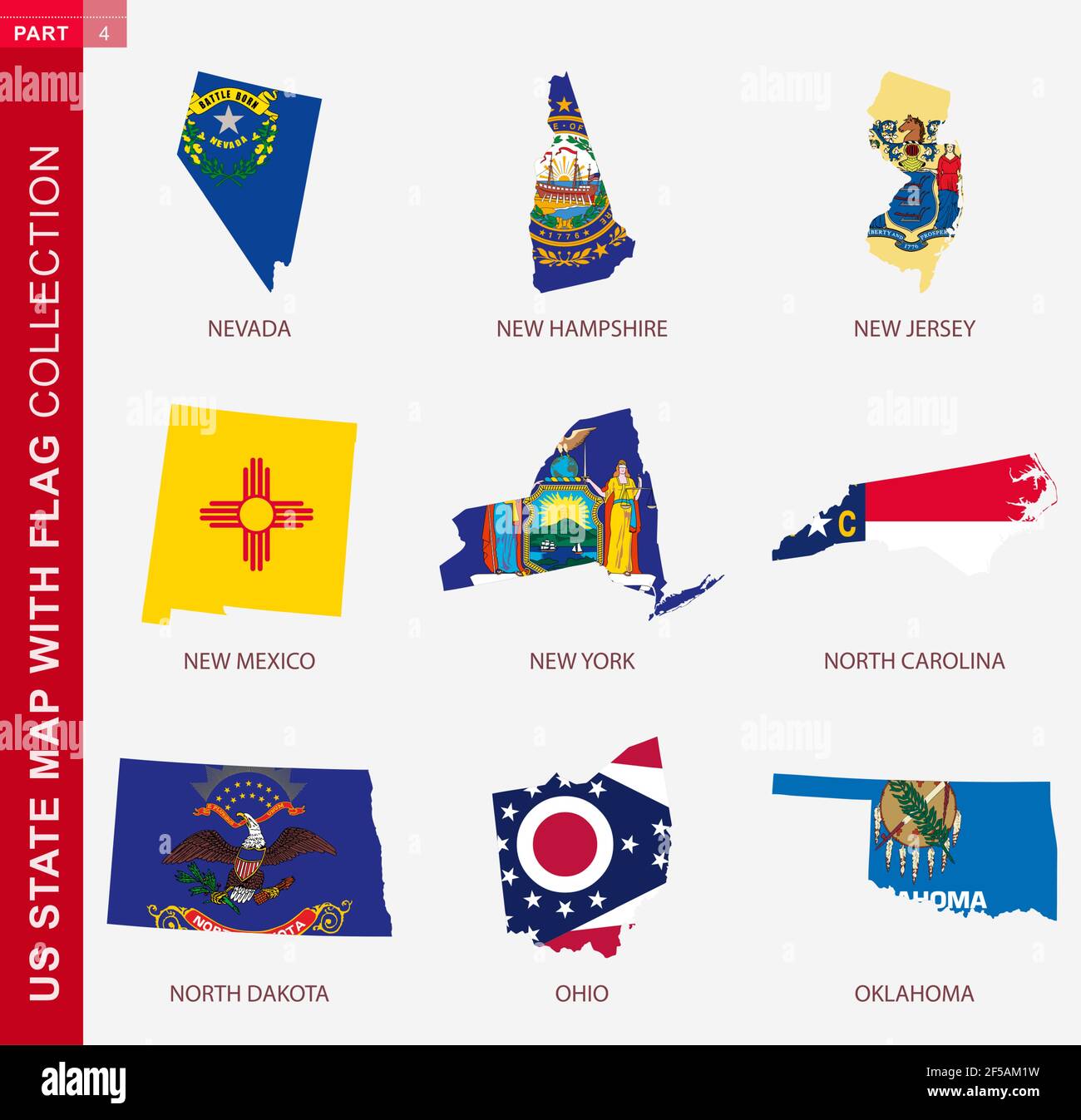 US State Maps with flag collection, nine USA map contour with flag of ...