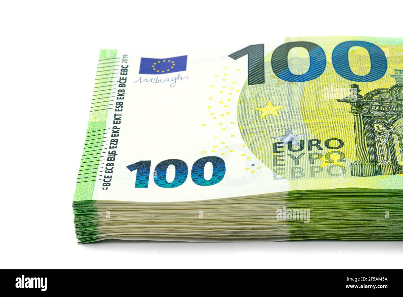 Macro shot of the European Union 100 EURO banknote, stack of banknotes ...