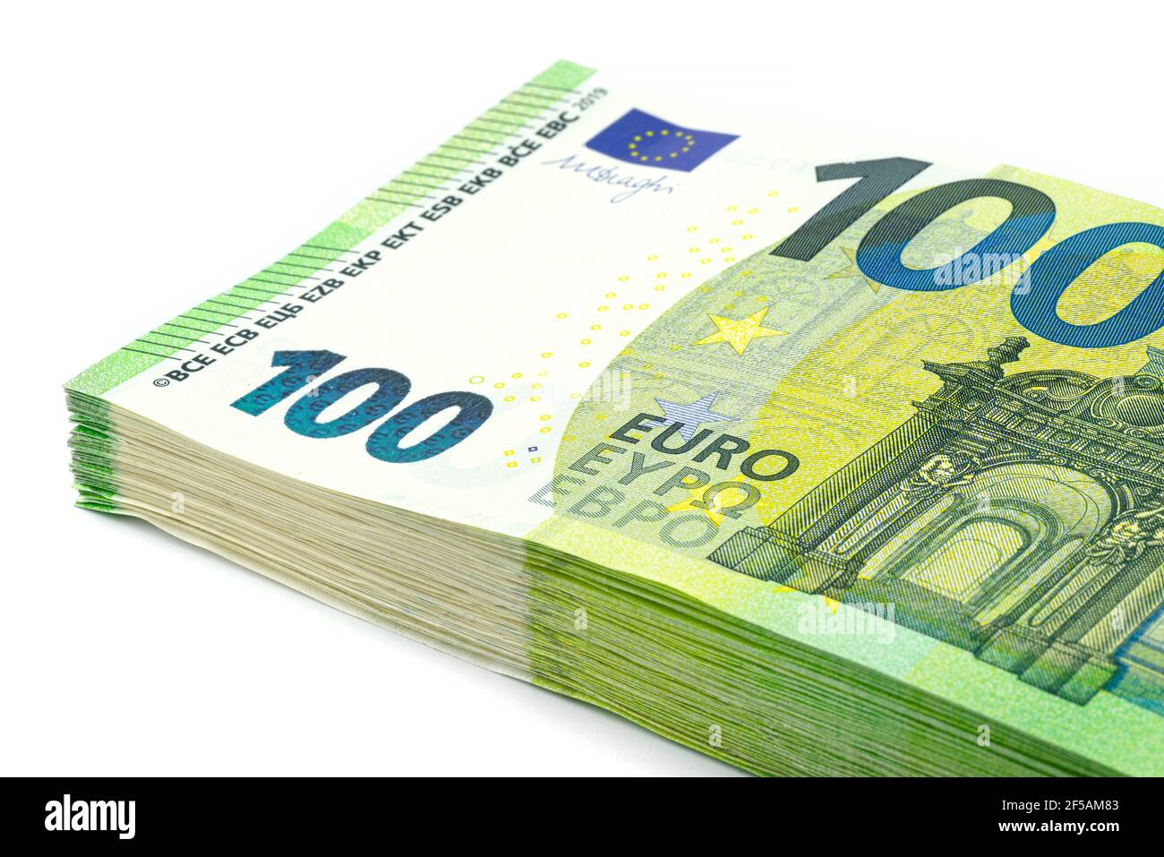 Macro shot of the European Union 100 EURO banknote, stack of banknotes ...