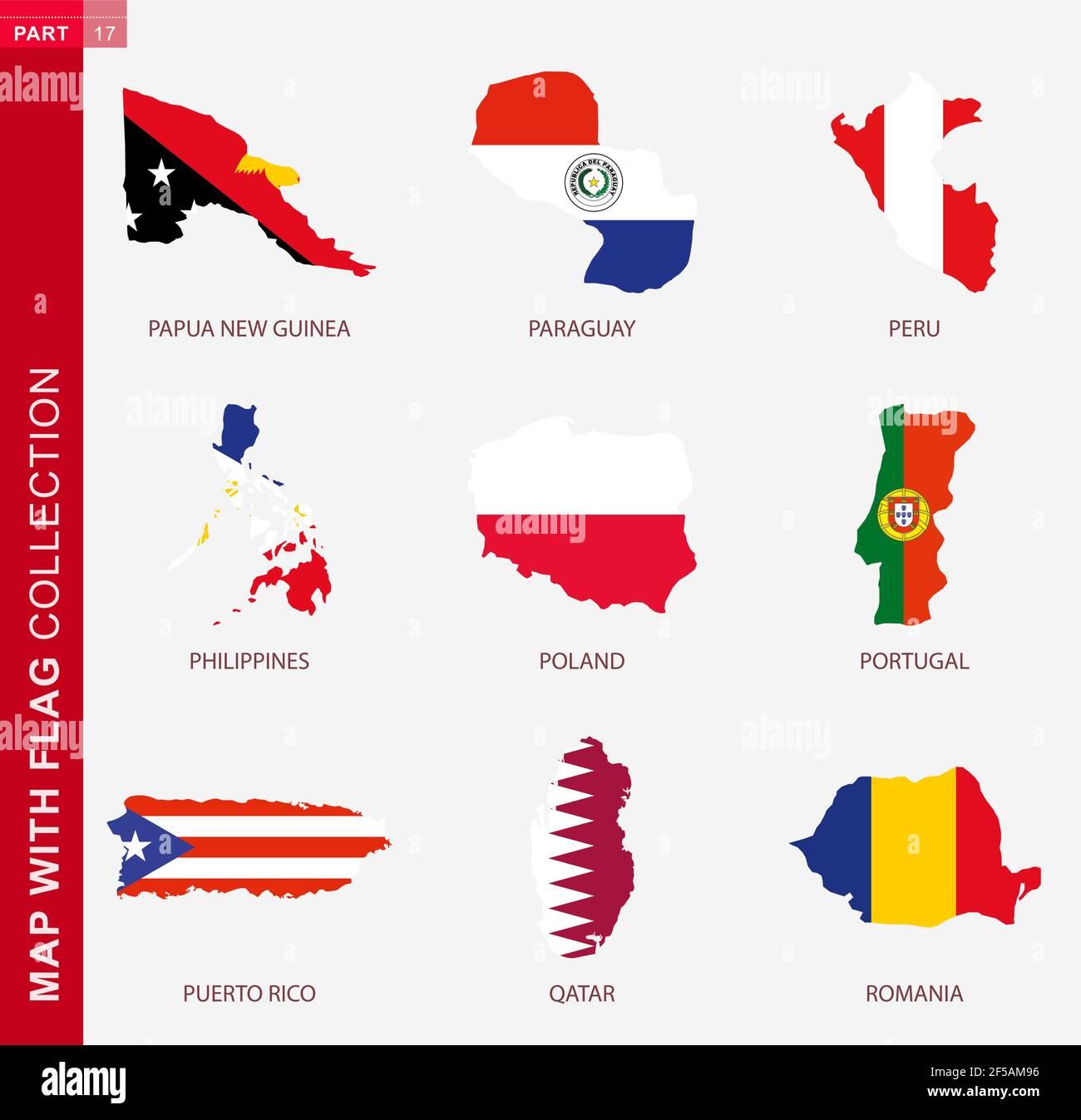 Map with flag collection, nine map contour with flag of Papua New ...