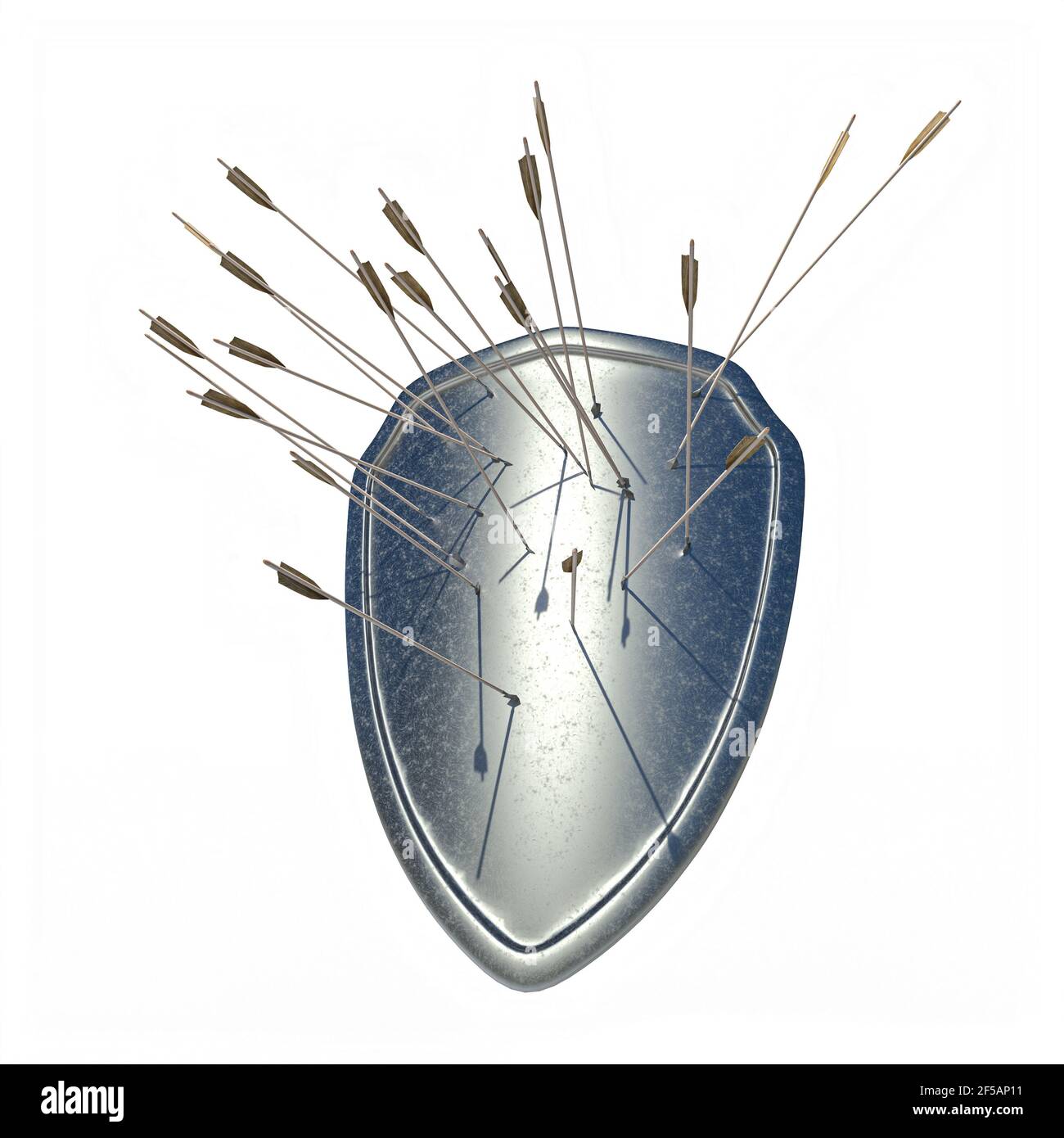 metal shield with stuck arrows. isolated on white. 3d render Stock ...