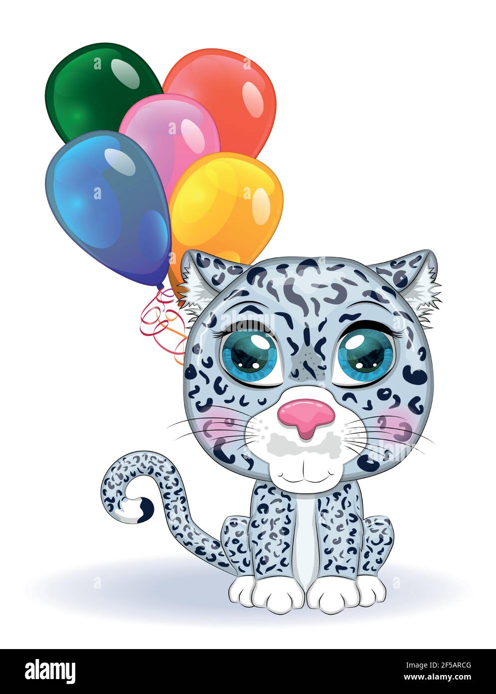 Cartoon snow leopard with expressive eyes with balloons, holiday ...