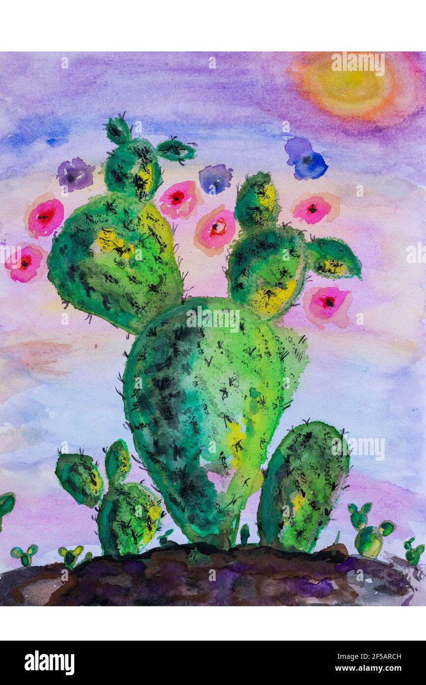 cactus in watercolor flowers day Stock Photo - Alamy