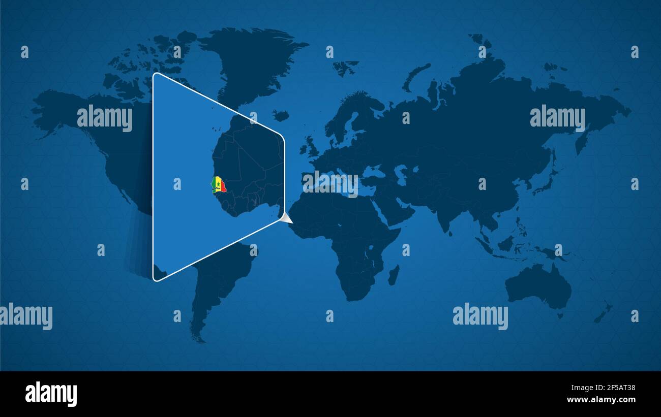 Detailed world map with pinned enlarged map of Senegal and neighboring countries. Senegal flag ...