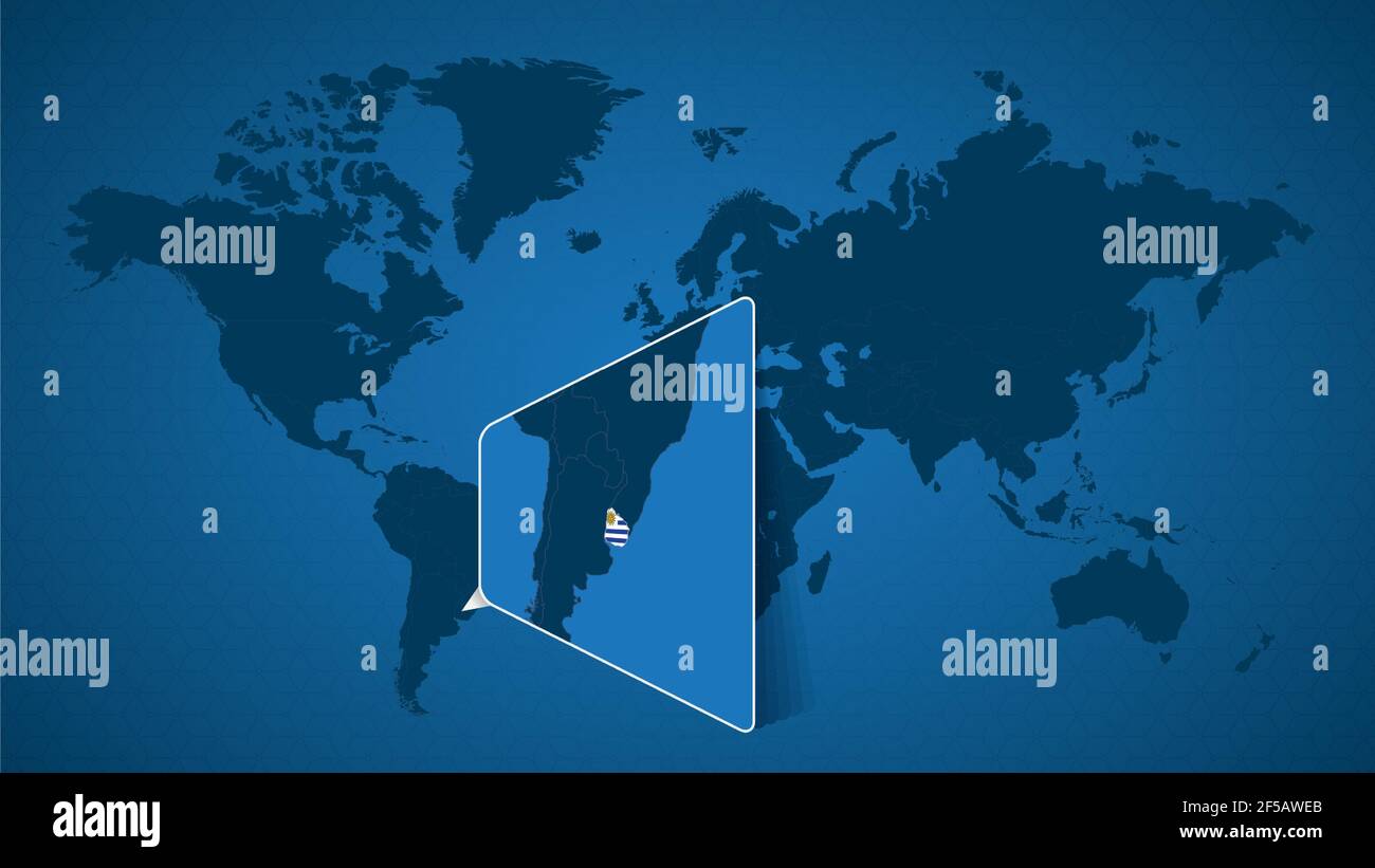 Detailed world map with pinned enlarged map of Uruguay and neighboring countries. Uruguay flag ...