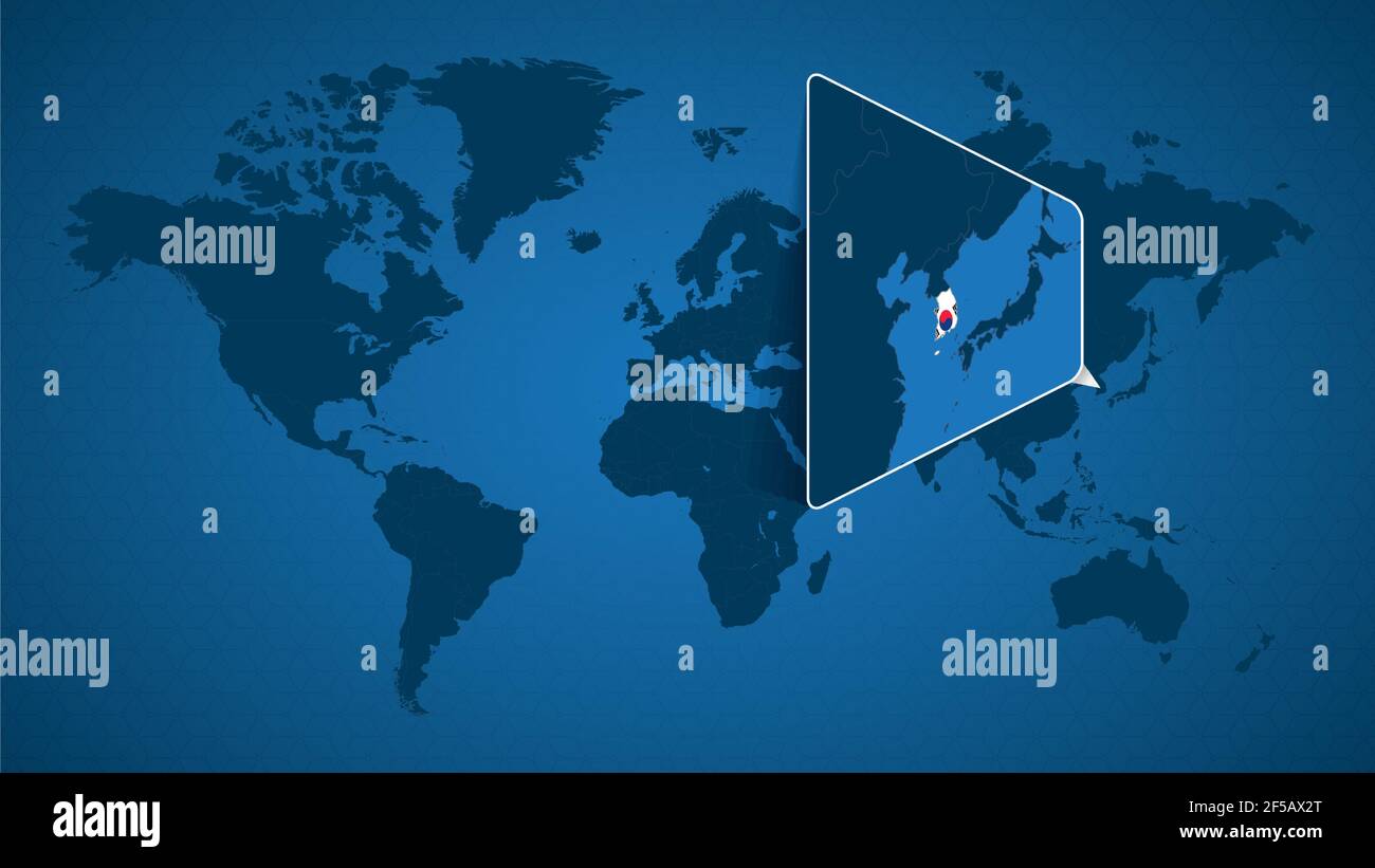 Detailed world map with pinned enlarged map of South Korea and ...