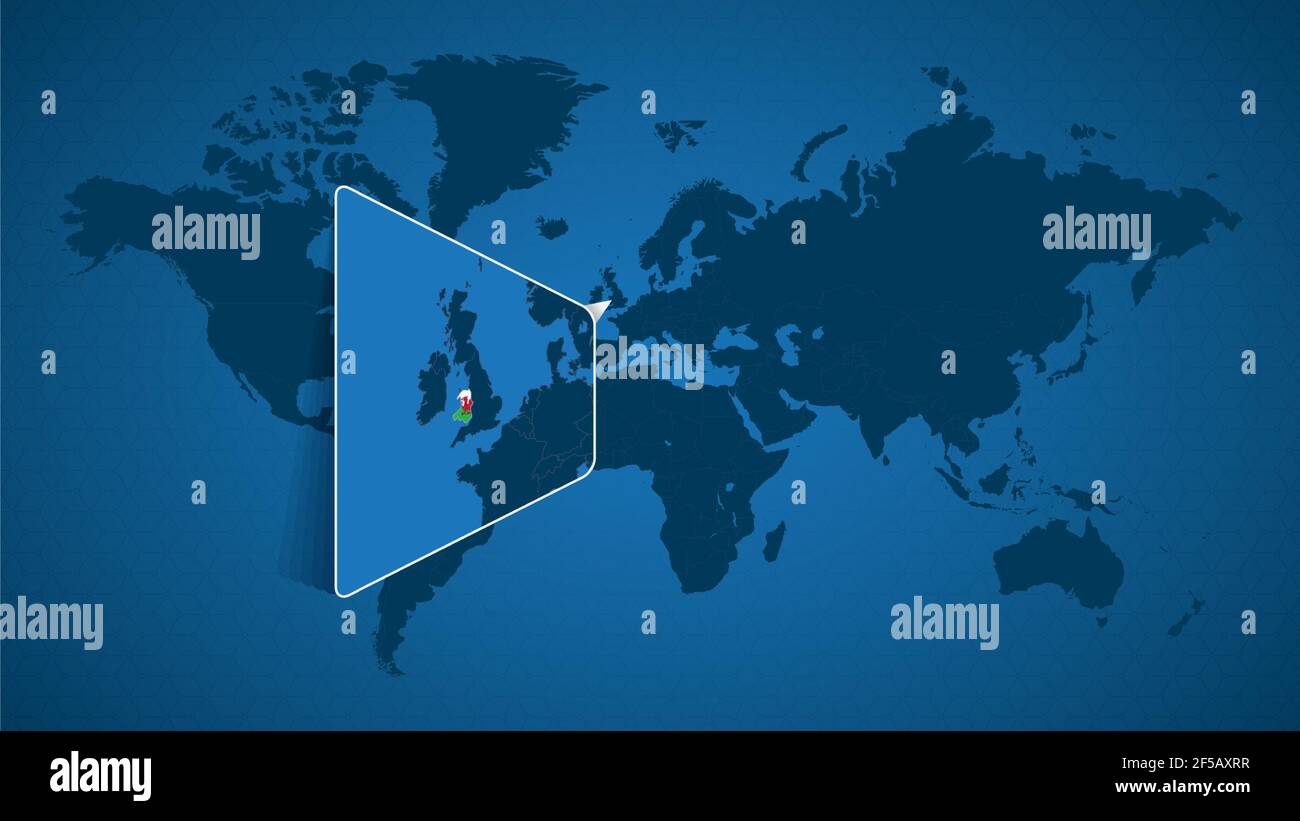 Detailed world map with pinned enlarged map of Wales and neighboring countries. Wales flag and ...