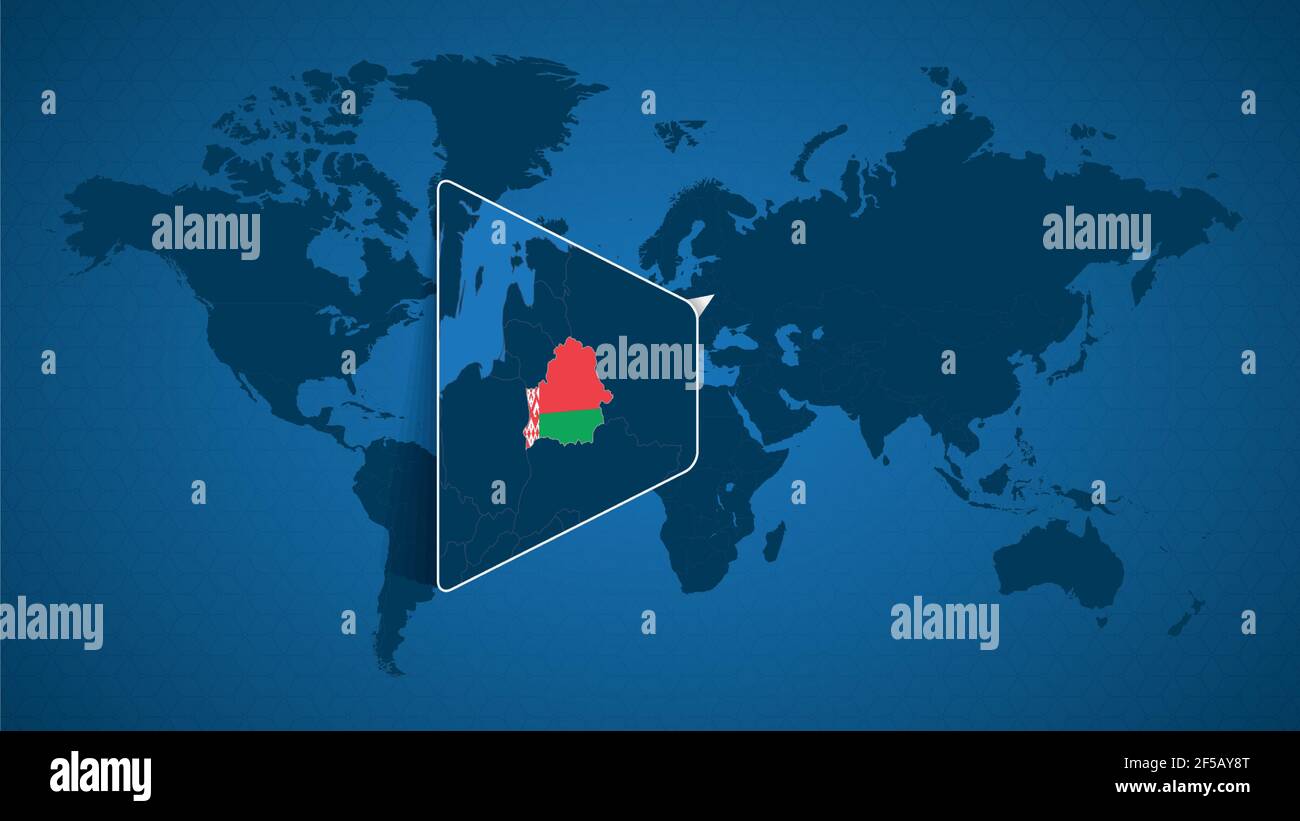 Detailed world map with pinned enlarged map of Belarus and neighboring countries. Belarus flag ...