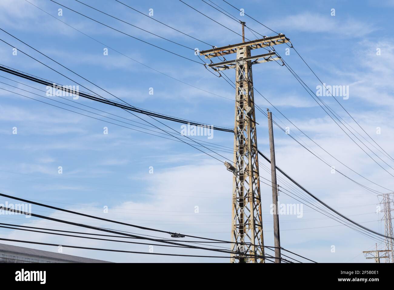Old industrial metal electrical power tower, weathered and rusty ...