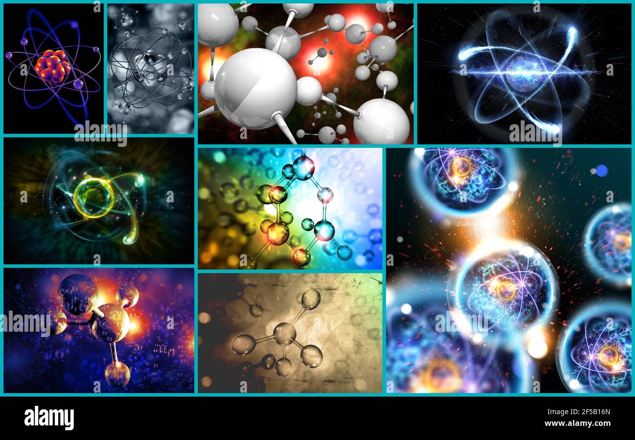 Close up 3D illustrations of a variety of atomic particles as science ...