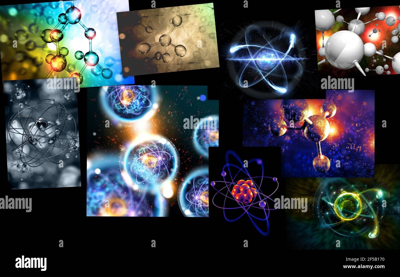 Close up 3D illustrations of a variety of atomic particles as science ...