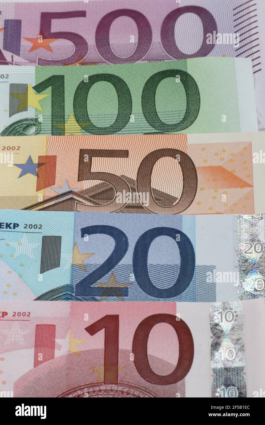 Vertical shot of the different denominations of Euro banknotes Stock ...