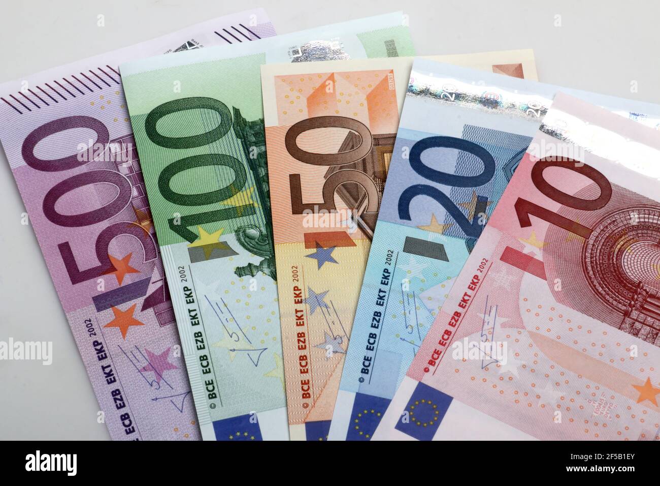 Closeup shot of the different denominations of Euro banknotes isolated ...