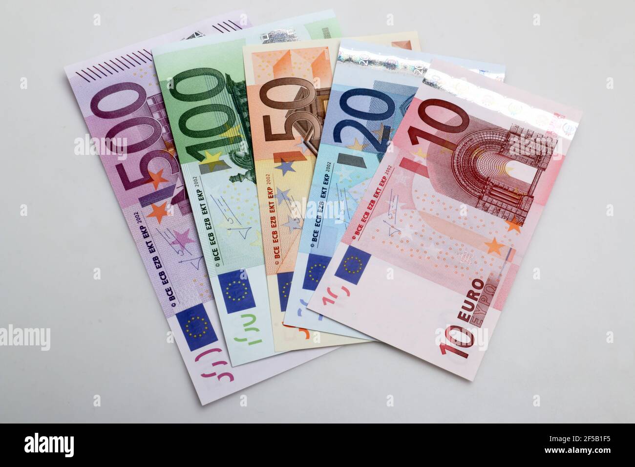 Closeup shot of the different denominations of Euro banknotes isolated ...