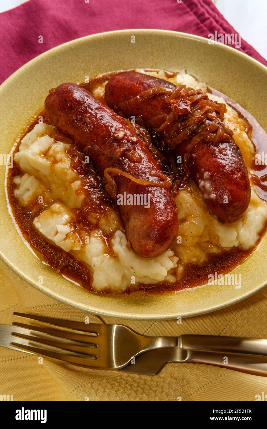 British bangers and mash sausage and mashed potatoes with onion gravy ...