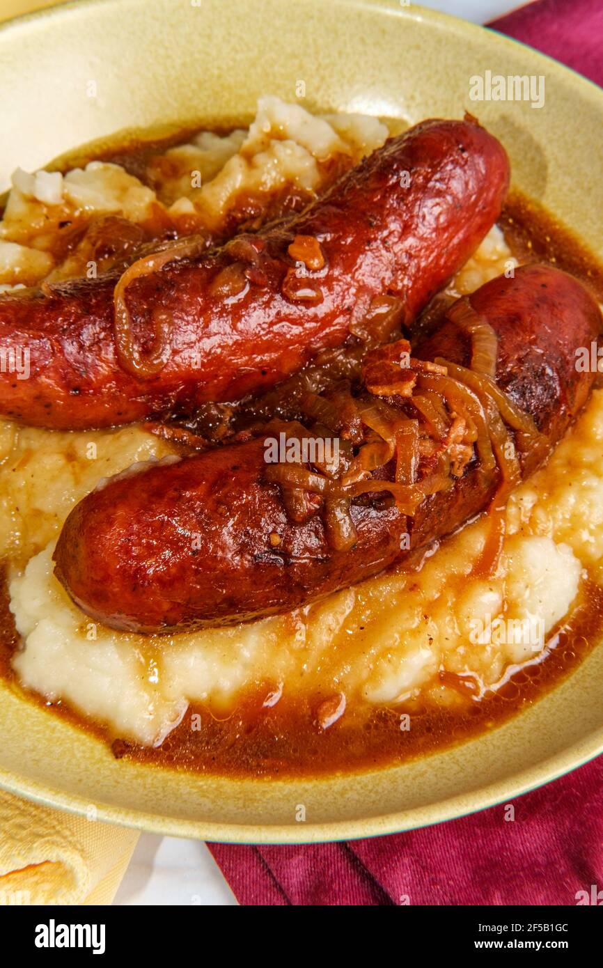 British bangers and mash sausage and mashed potatoes with onion gravy ...