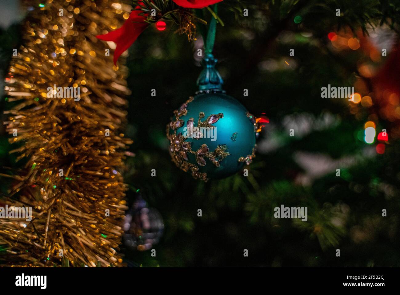Decorated Christmas tree on blurred background Stock Photo - Alamy