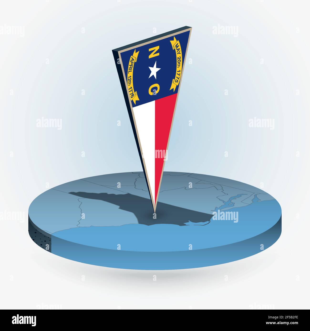 North Carolina map in round isometric style with triangular 3D flag of ...