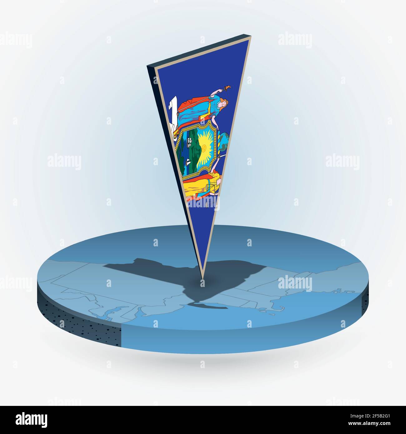 New York state map in round isometric style with triangular 3D flag of ...