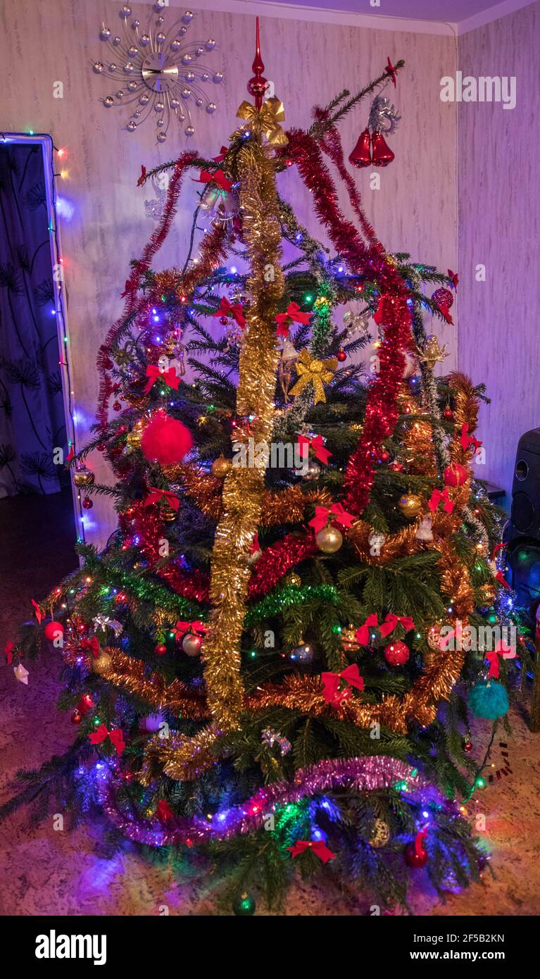 Decorated Christmas tree on blurred background Stock Photo - Alamy