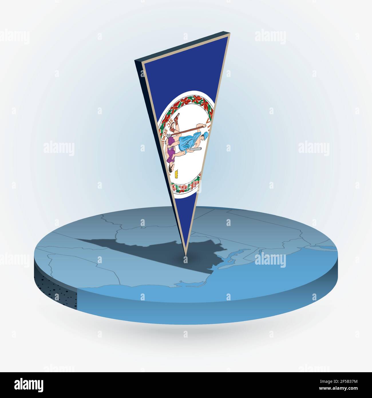 Virginia map in round isometric style with triangular 3D flag of US ...