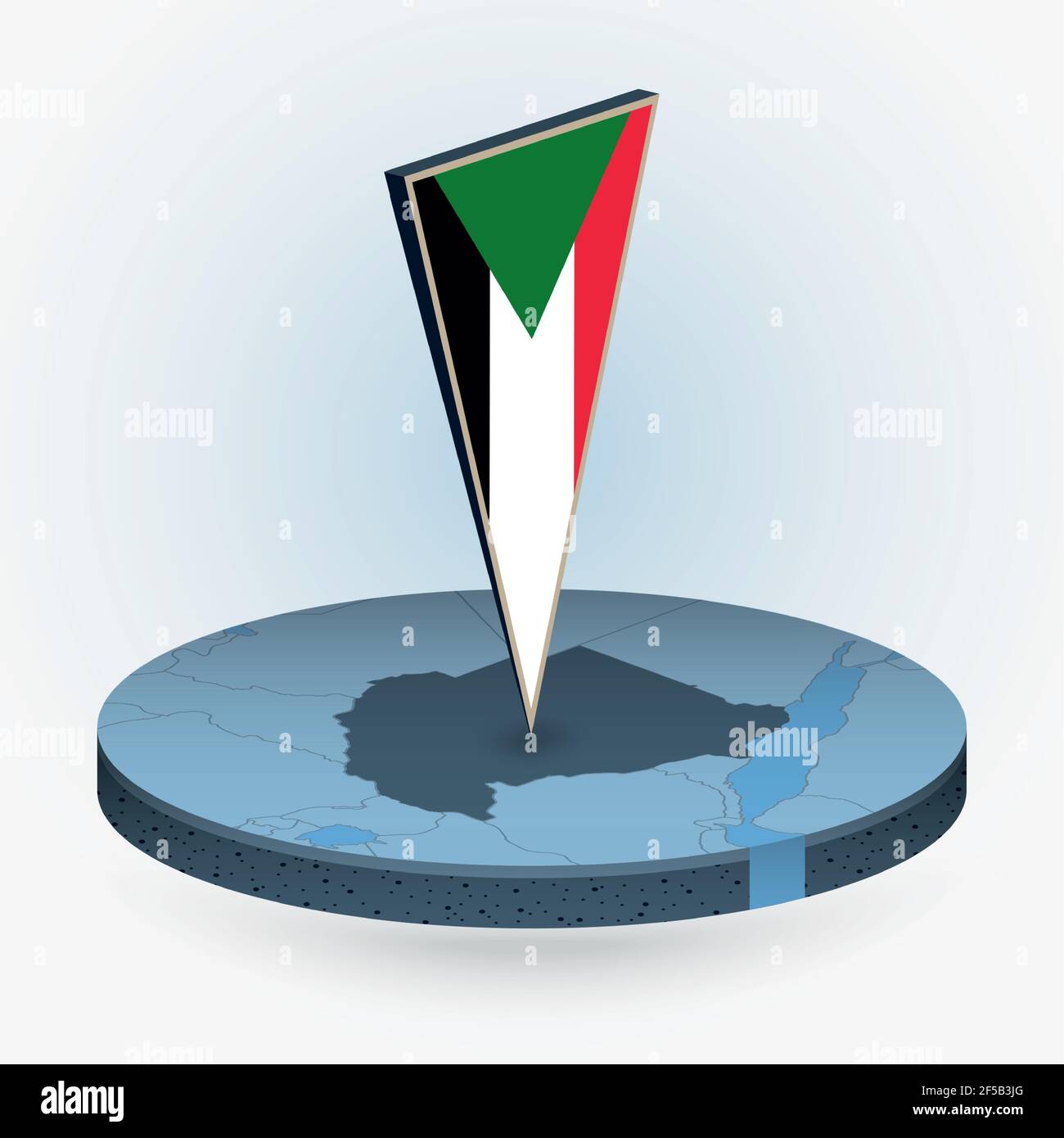 Sudan map in round isometric style with triangular 3D flag of Sudan ...