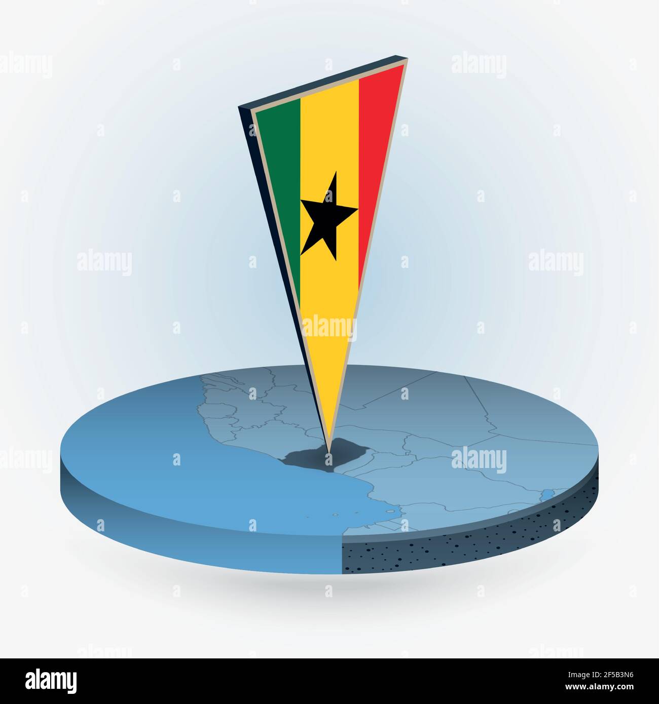 Ghana map in round isometric style with triangular 3D flag of Ghana ...