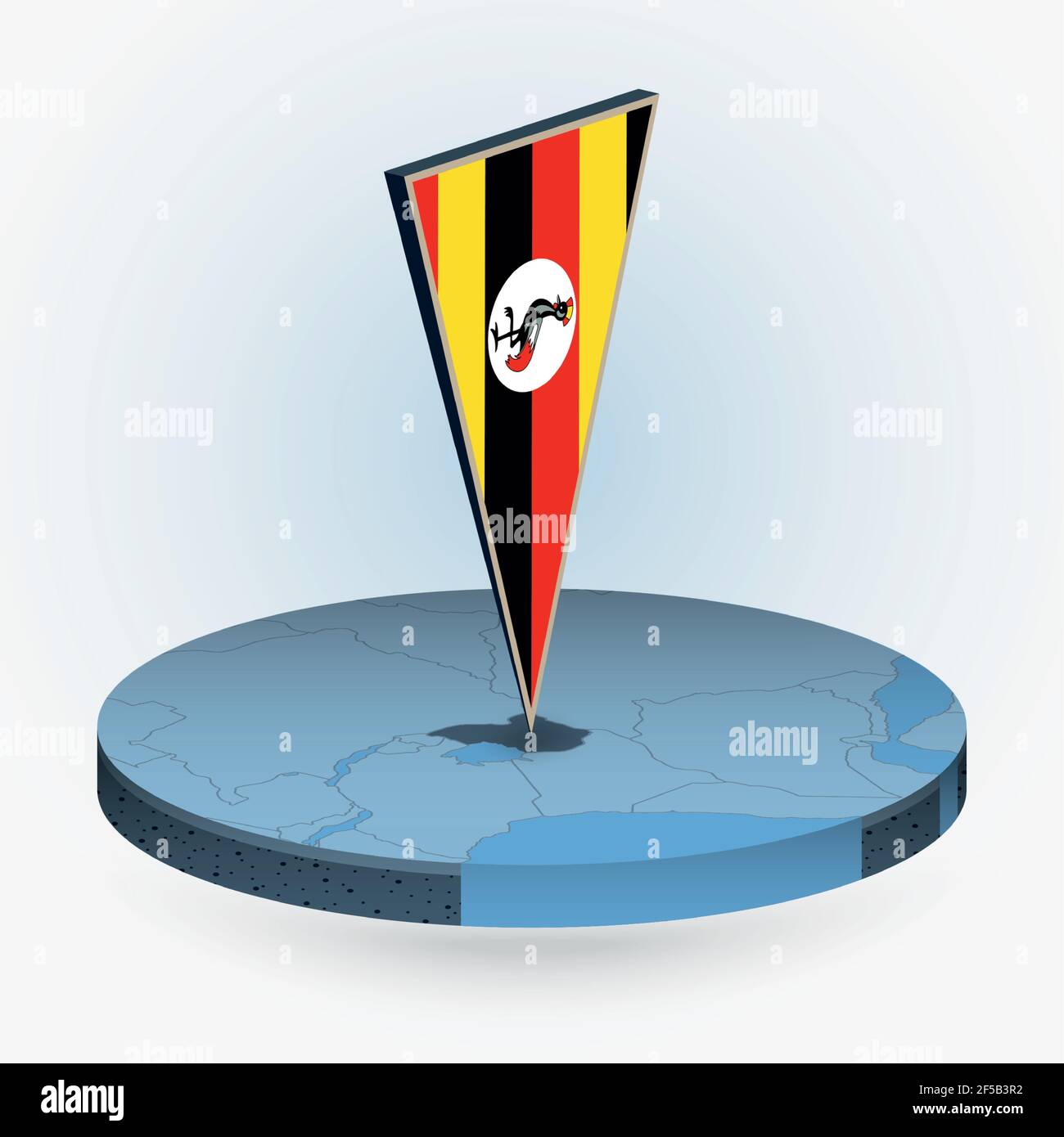 Uganda map in round isometric style with triangular 3D flag of Uganda ...