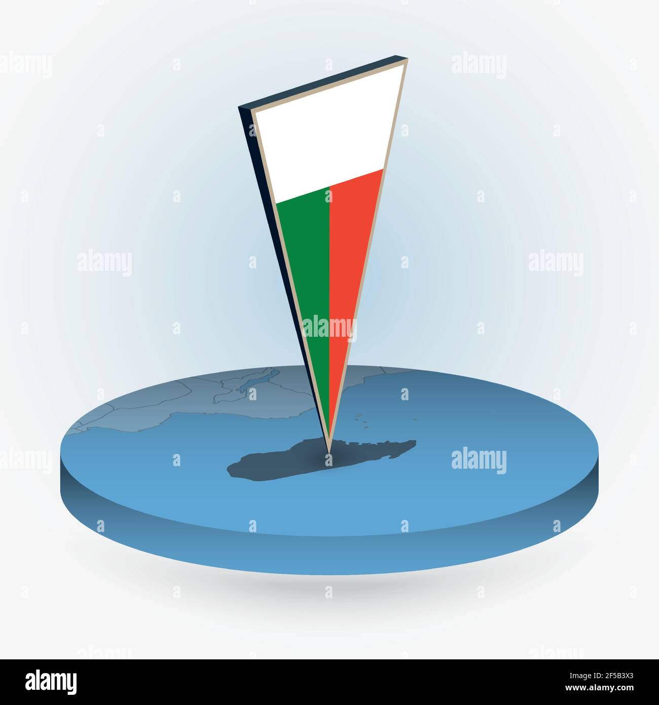 Madagascar map in round isometric style with triangular 3D flag of ...