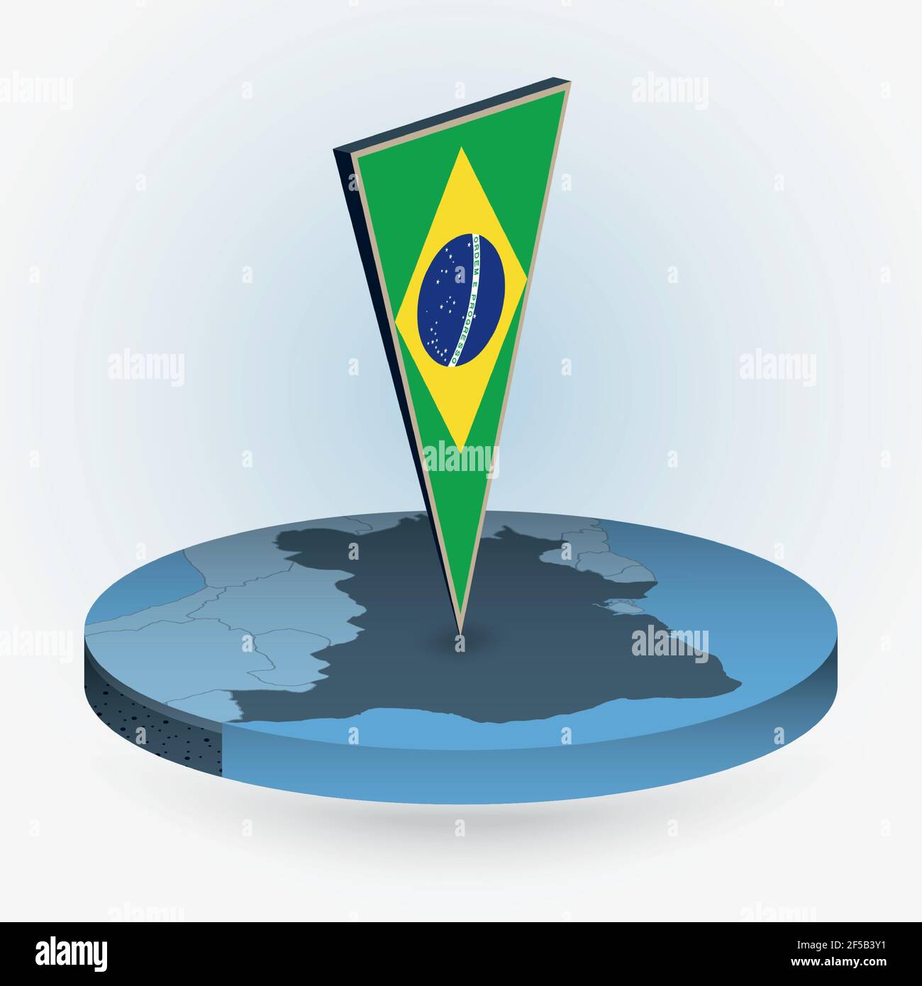 Brazil map in round isometric style with triangular 3D flag of Brazil ...