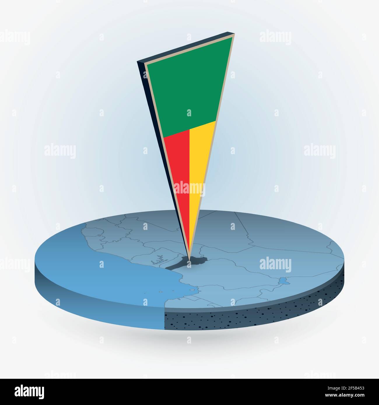 Benin map in round isometric style with triangular 3D flag of Benin ...