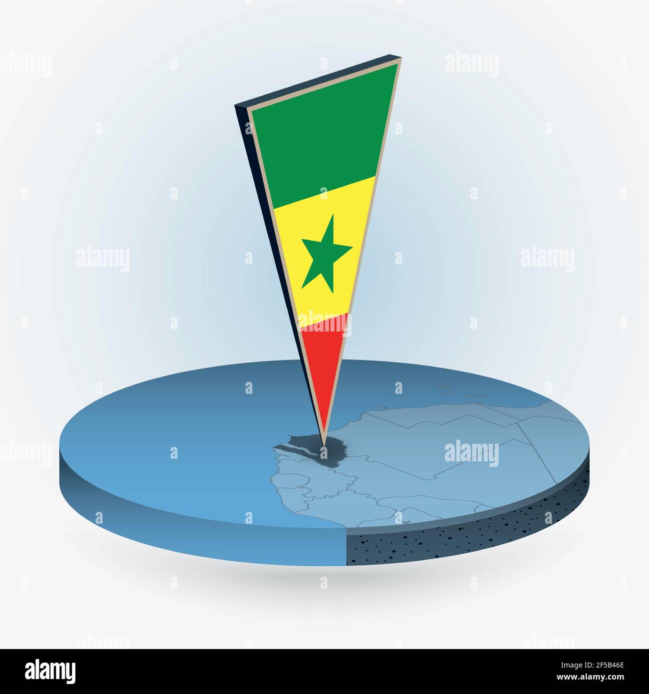 Senegal map in round isometric style with triangular 3D flag of Senegal, vector map in blue ...