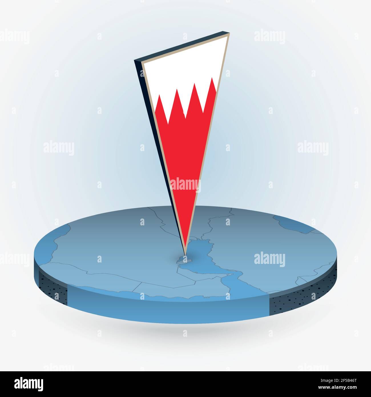 Bahrain map in round isometric style with triangular 3D flag of Bahrain ...