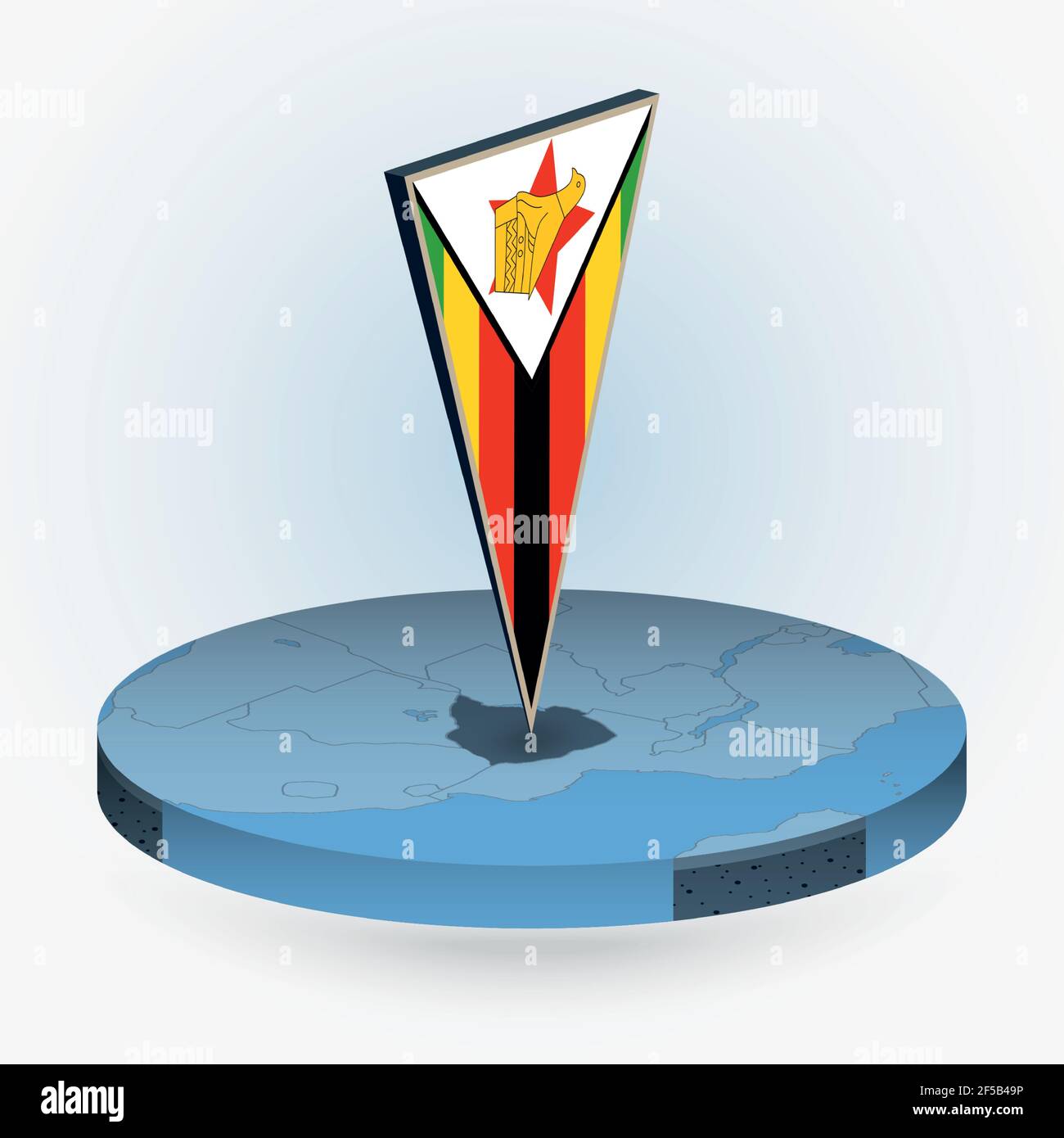 Zimbabwe map in round isometric style with triangular 3D flag of ...