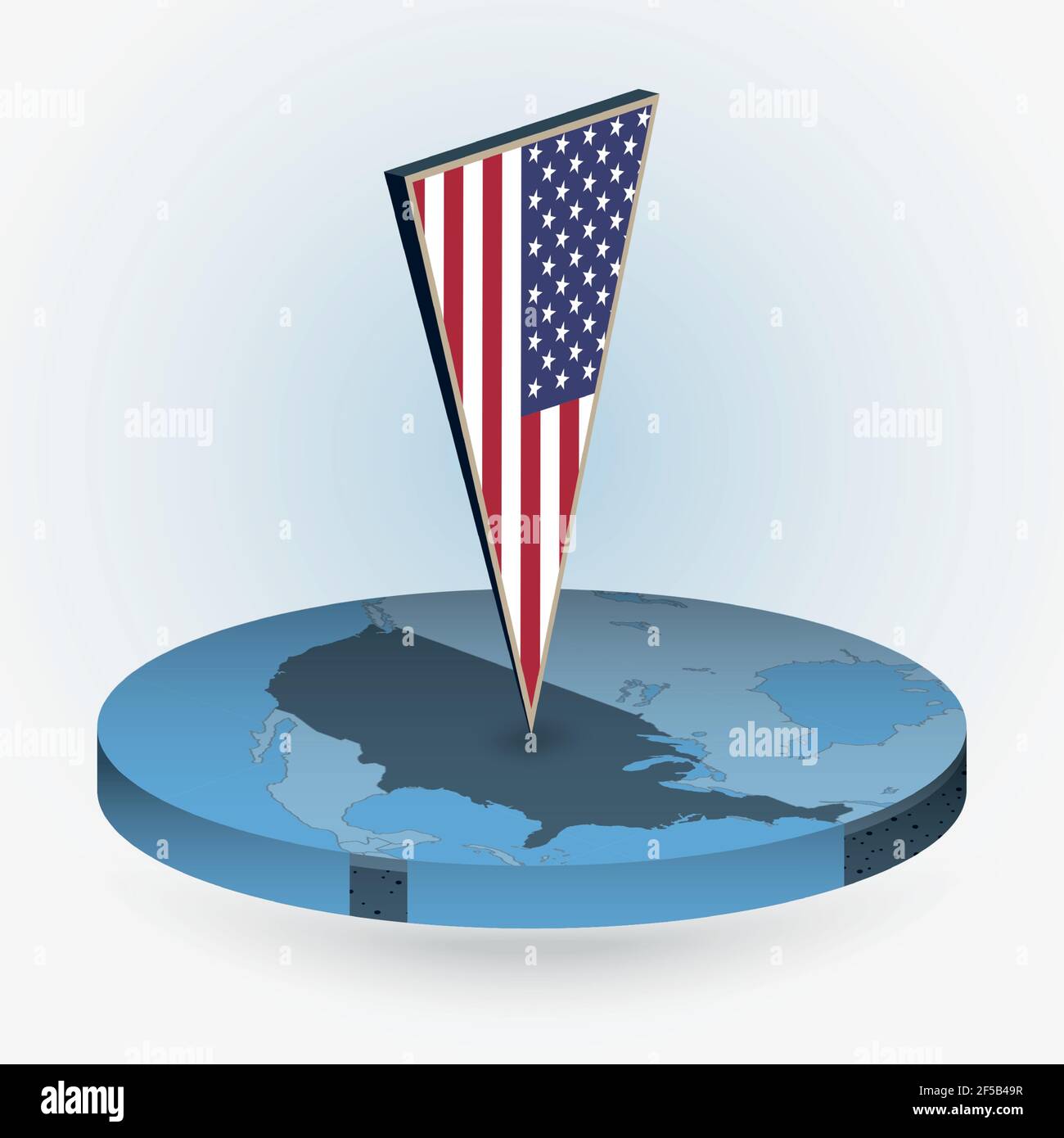 United States map in round isometric style with triangular 3D flag of ...