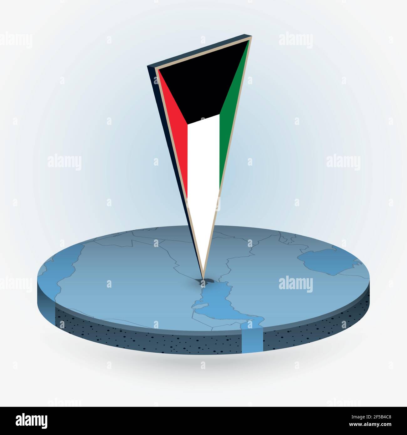 Kuwait map in round isometric style with triangular 3D flag of Kuwait ...