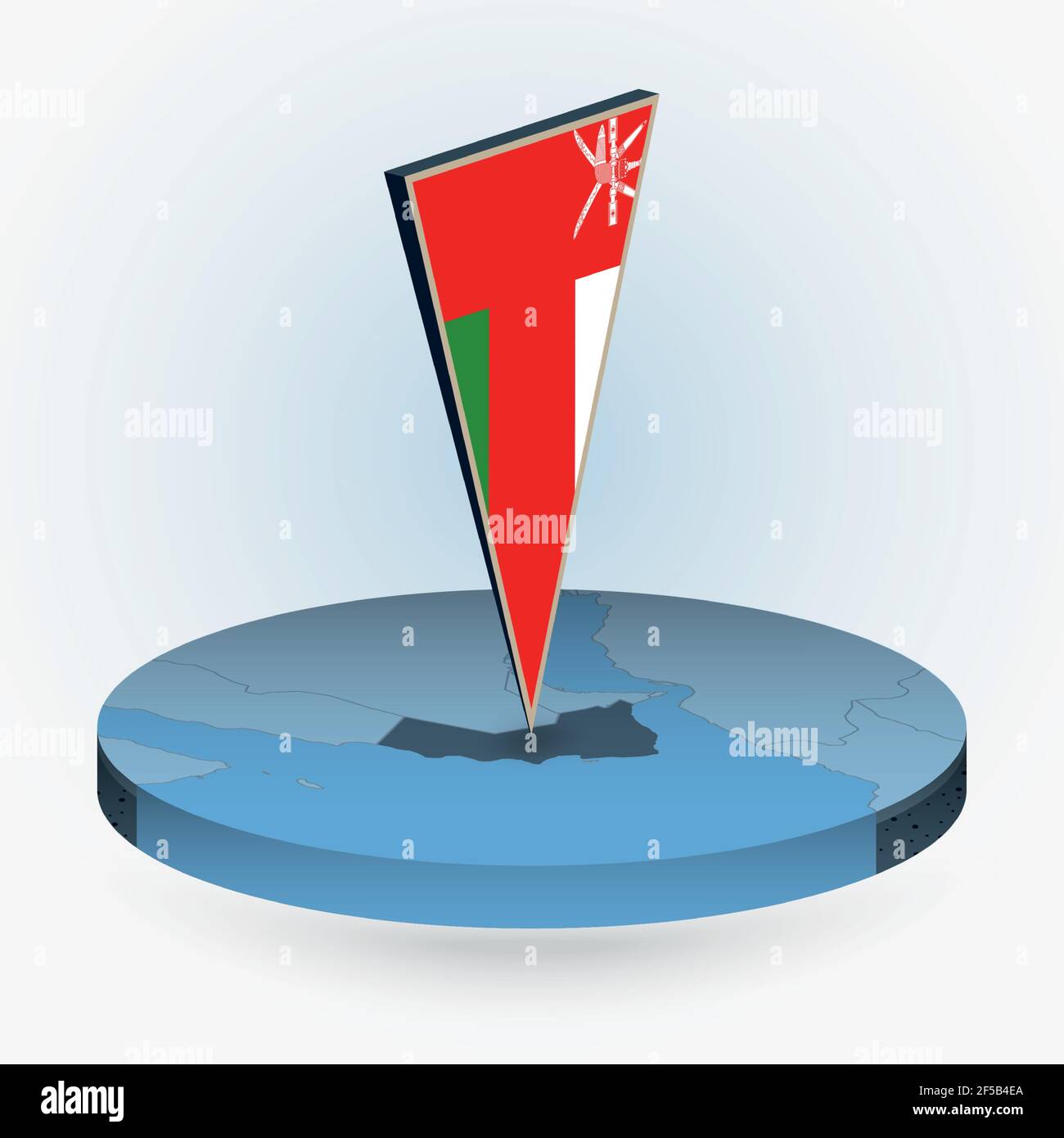 Oman map in round isometric style with triangular 3D flag of Oman ...