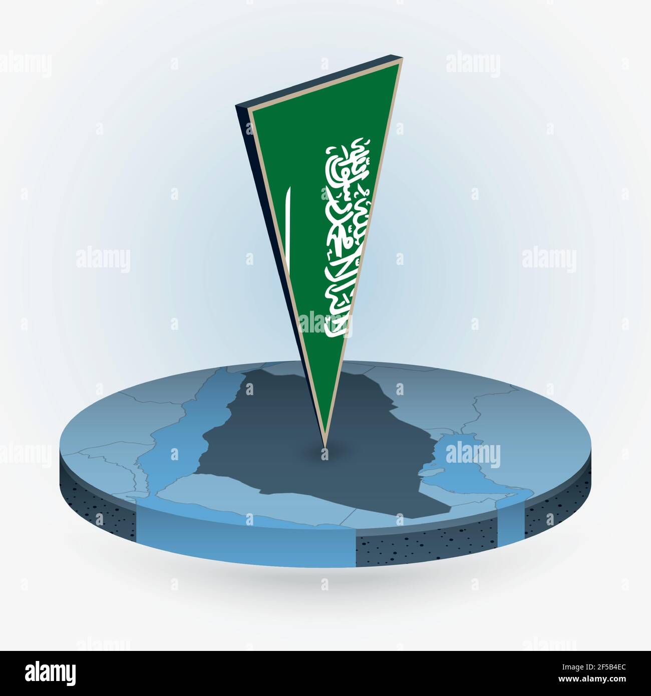 Saudi Arabia map in round isometric style with triangular 3D flag of ...
