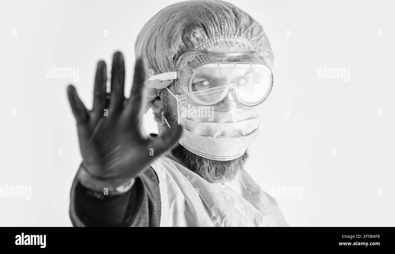 Personal protective equipment. Man wearing protective mask. Coronavirus ...