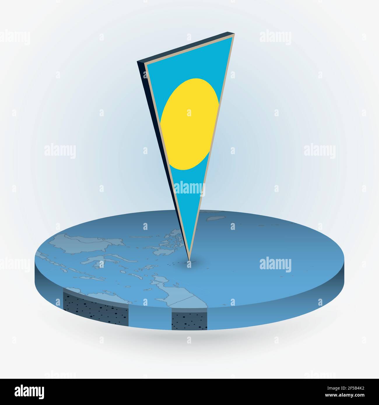 Palau map in round isometric style with triangular 3D flag of Palau, vector map in blue color ...
