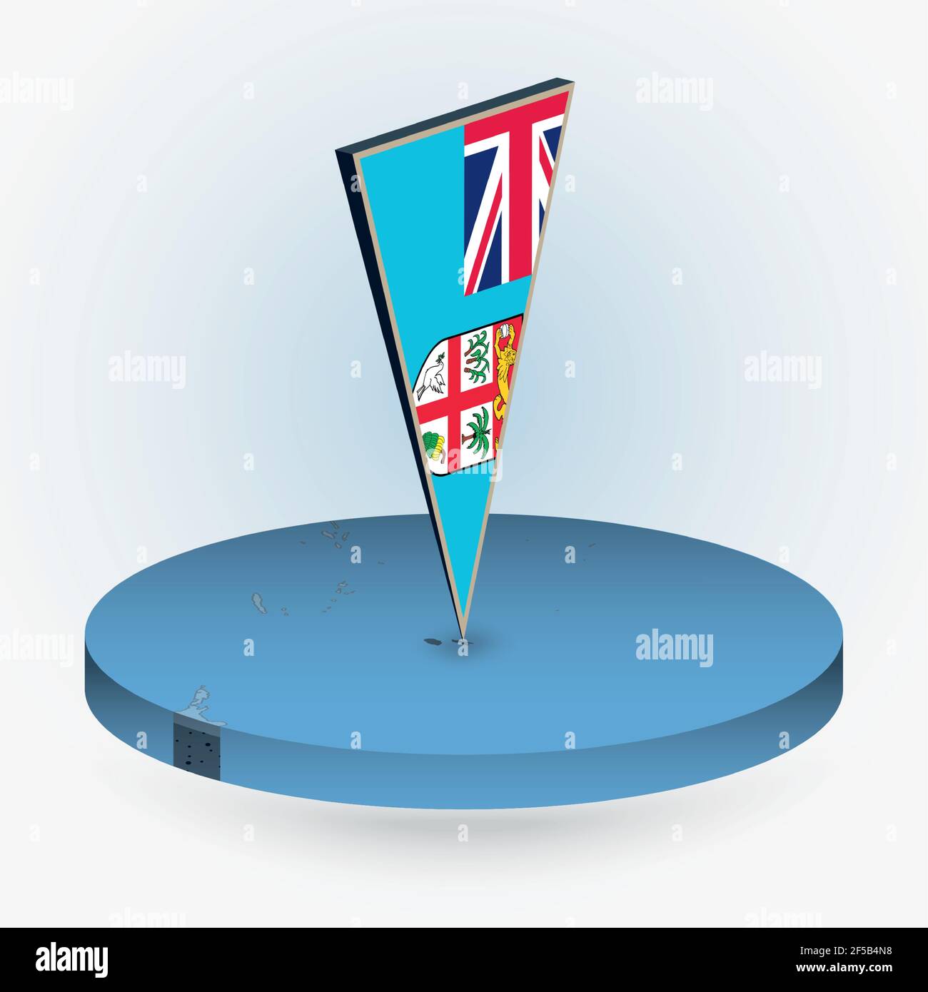 Fiji map in round isometric style with triangular 3D flag of Fiji, vector map in blue color ...