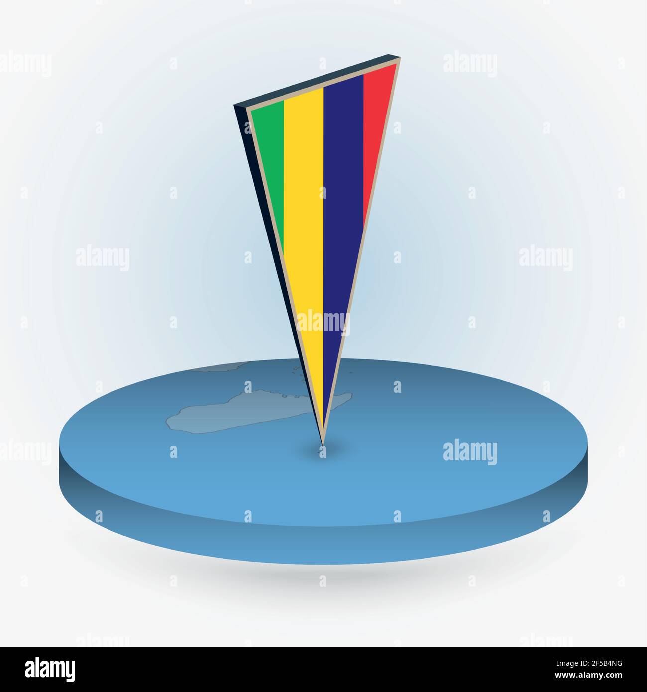 Mauritius map in round isometric style with triangular 3D flag of Mauritius, vector map in blue ...